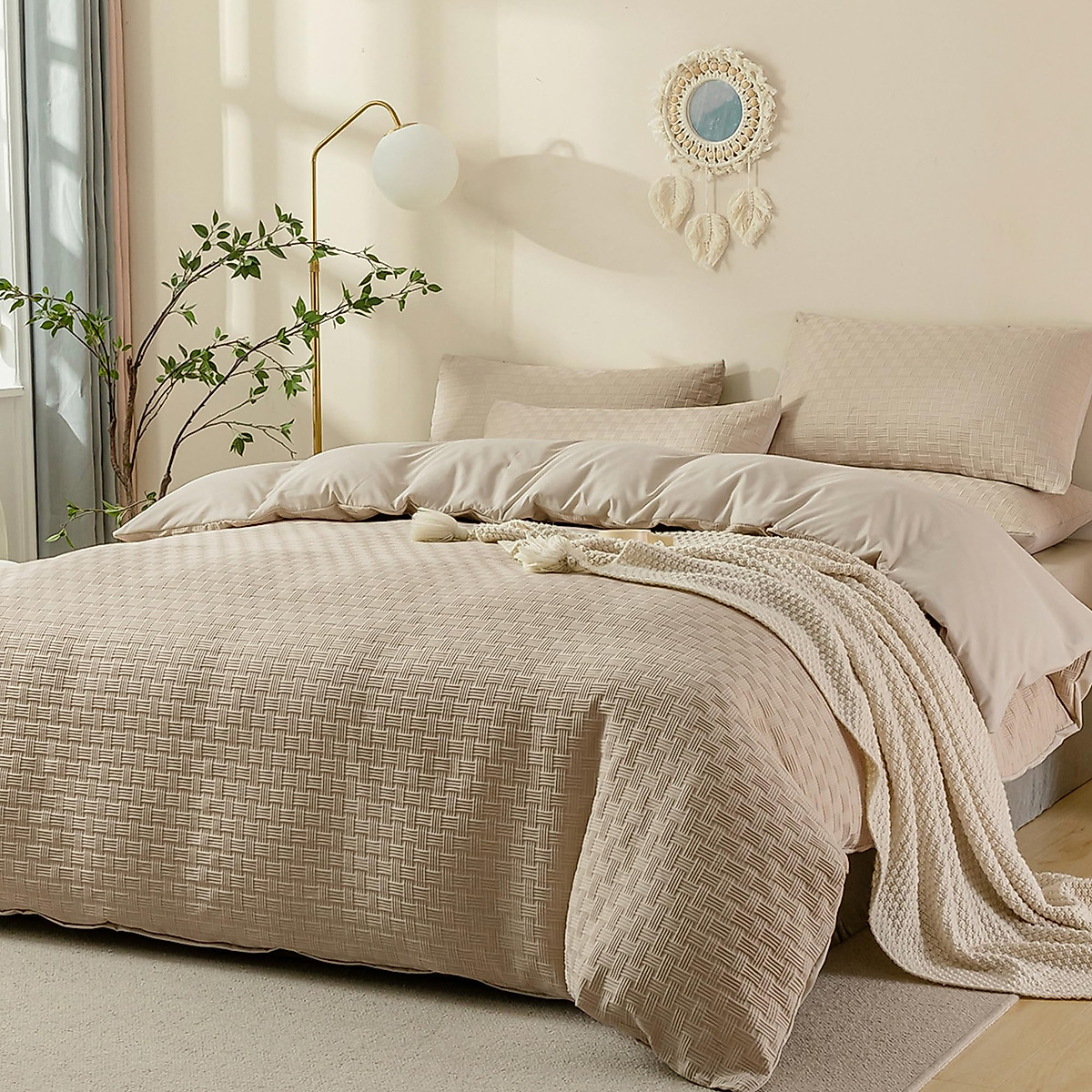 JELLYMONI Khaki Duvet Cover Twin Size - 3 Pieces Soft and Breathable Microfiber Knitted Jacquard Waffle Weave Striped Comforter Cover with 8 Corner Ties & Zipper Closure