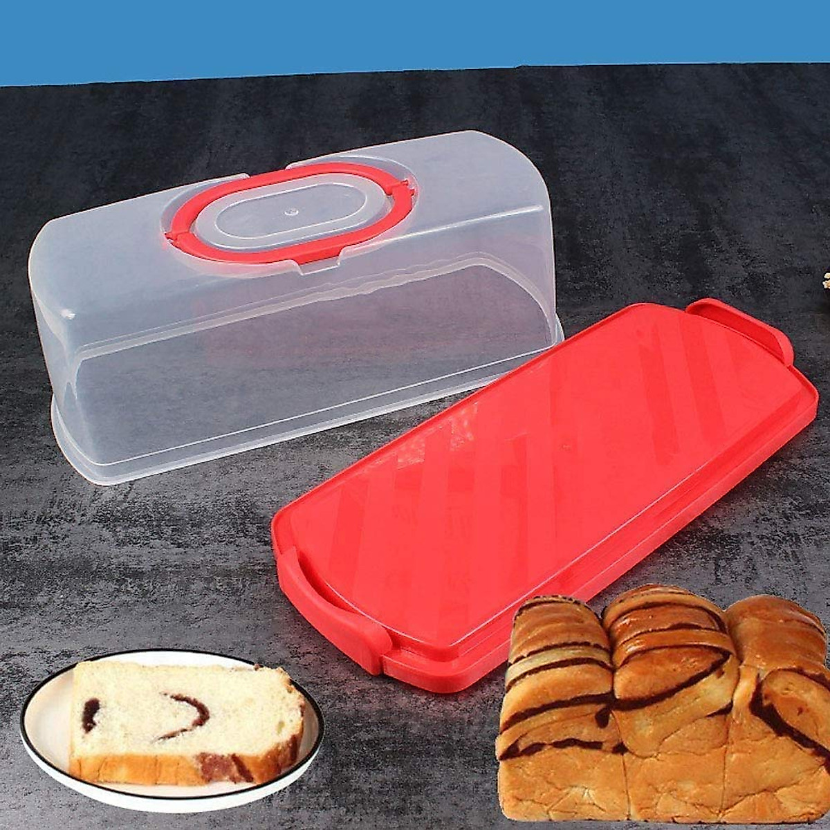 2 Pack Plastic Rectangular Loaf Cake Storage Container,Bread Keeper for Carrying and Storing Banana Bread,Pumpkin Bread (Red)