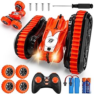 Makerfire Stunt Remote Control Car,2-in-1 Rc Cars 2.4GHz Double-Sided Driving 360° Flips Rotating with Headlights RC Crawler,4WD Car Toy Gift for Kids, Suitable for Playing on Grass,Sand,Snow-Orange
