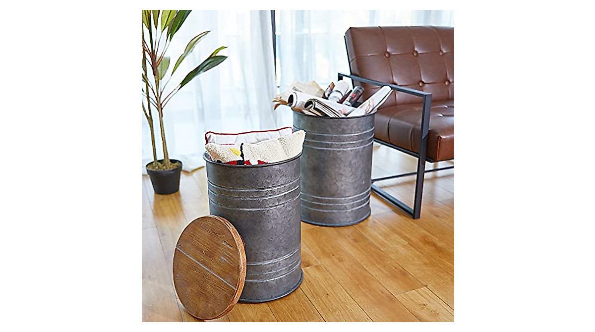Rustic Storage Ottoman Set of 2 - Farmhouse Galvanized Metal Accent Tables