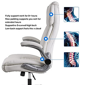 Managerial and Executive Office Chair,Ergonomic White PU Leather Office Desk Chair,Diamond Stitched High Back Swivel Task Chair with Rocking Function,Adjustable Flip-up Armrests Computer Chair