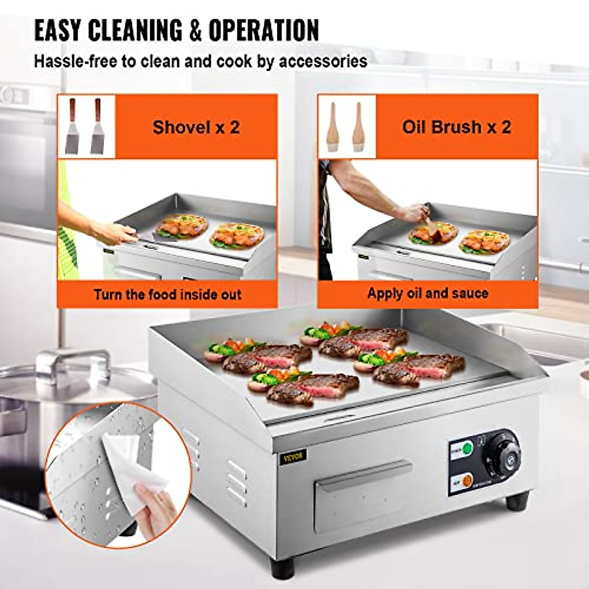 VEVOR Electric Countertop Griddle, 14-Inch, 1500W Grill with Adjustable Temperature Control 122°F-572°F, Non-Stick Commercial Restaurant Grill, 110V Stainless Steel Flat Top Grill