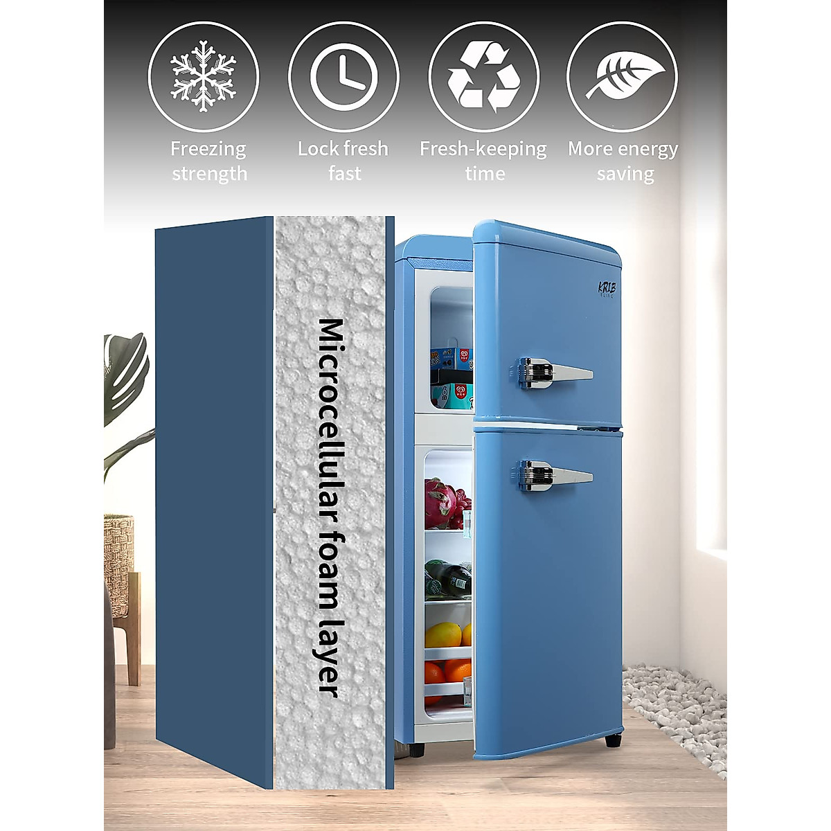 KRIB BLING Mini Fridge Compact Refrigerator Small Refrigerator 7 Level Adjustable Thermostat Removable Shelves with Stainless Steel 2 door for Office Dorm Apartment 3.5 Cu.Ft Blue