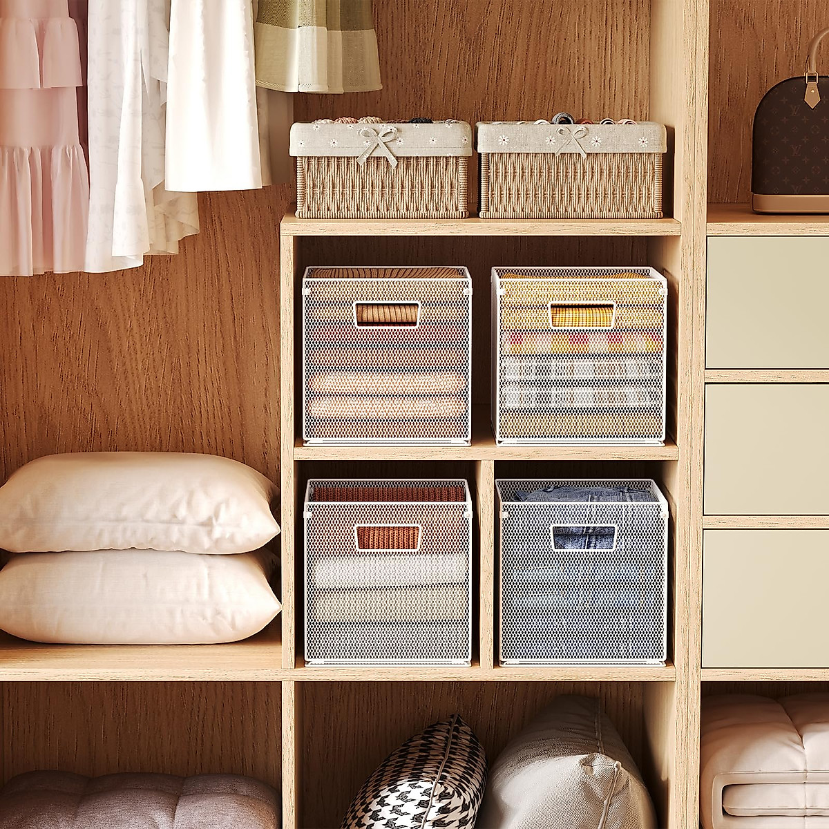 JKsmart Storage Cubes, Basket for Shelves with Handles, Set of 4 Storage Bins, Foldable Baskets for Organizing Toys, Books 10.5x10.5x10.5inch, Multipurpose Storage for Cabinet Bookcase, White