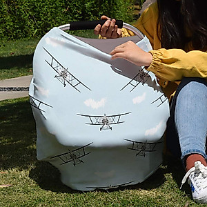 Car Seat Canopy Nursy Cover Airplane, Multi Use Breastfeeding Scarf for Infant Carseat Canopy Stroller Shopping Cart Highchair Old Aircraft Biplanes in Blue Sky Speedy Propellers Wings Retro Design