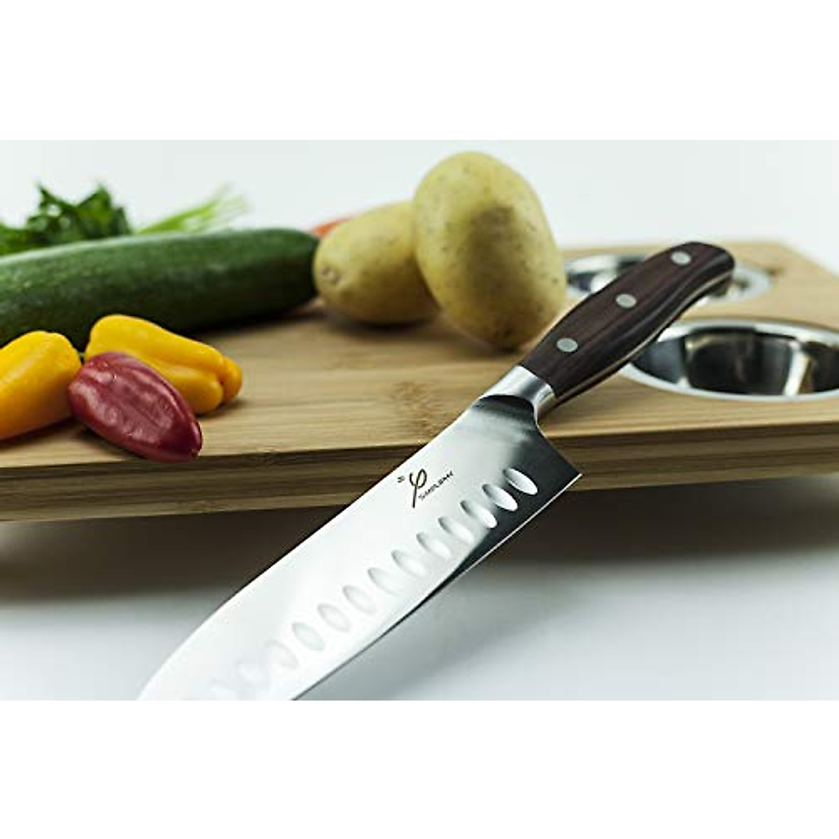 VersaChop Duo, Large 18 inch X 12 inch Cutting Boards for Kitchen. Totally Natural Organic Moso Bamboo Cutting Board with Two Integrated Stainless Steel Bowls attached for organization and storage.