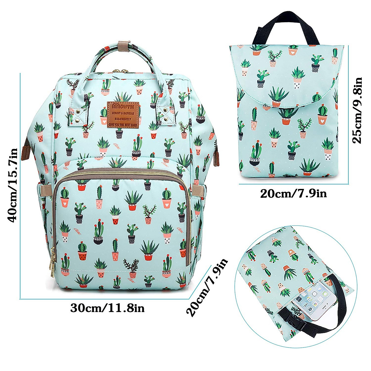 Cactus Green Diaper Bag Backpack Set for Baby Girls Mom, Large Bags with Nappy Pouch Stroller Straps