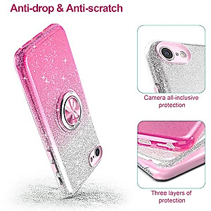 PeeTep iPhone SE 2020 Case,iPhone SE 3 Case Glitter for Girls,iPhone 8 Case,iPhone 7 Case,Slim Sparkly Case with 360°Ring Holder Kickstand Magnetic Car Mount Shock-Absorbent Durable Cover, Pink