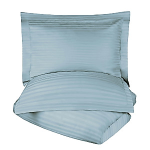 Superior Combed Cotton, Soft Single Ply Sateen, 3-Piece Duvet Cover Set, Stipe, Full/Queen - Light Blue