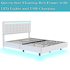 Gustonhon Queen Floating Bed Frame with LED Lights and USB Charging Bed for Modern Space,Upholstered PU Platform LED Bed with Headboard,No Box Spring Needed, Noise Free, Easy Assembly (White)