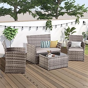 FHFO 4 Piece Outdoor Patio Furniture Sets, Wicker Sectional Conversation Sofa Set, Rattan Table and Chairs and Loveseat with Cushions for Outside Balcony Porch Backyard (Gray-Gray)