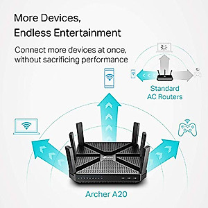 TP-Link AC4000 Smart WiFi Router - Tri Band Router , MU-MIMO, VPN Server, Antivirus/Parental Control, 1.8GHz CPU, Gigabit, Beamforming, (Archer A20),Black (Renewed)