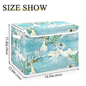 Kigai Storage Basket White Swan Watercolor Storage Boxes with Lids and Handle, Large Storage Cube Bin Collapsible for Shelves Closet Bedroom Living Room, 16.5x12.6x11.8 In
