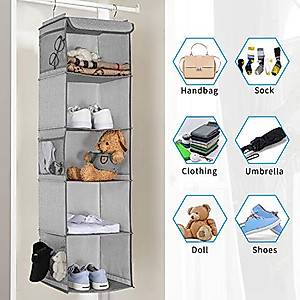 BrilliantJo 5 Shelves Hanging Closet Organizer, 2 Pack Hanging Storage with 6 Side Pockets for Clothes Bags, 43"x12"x12"(Light Gray)