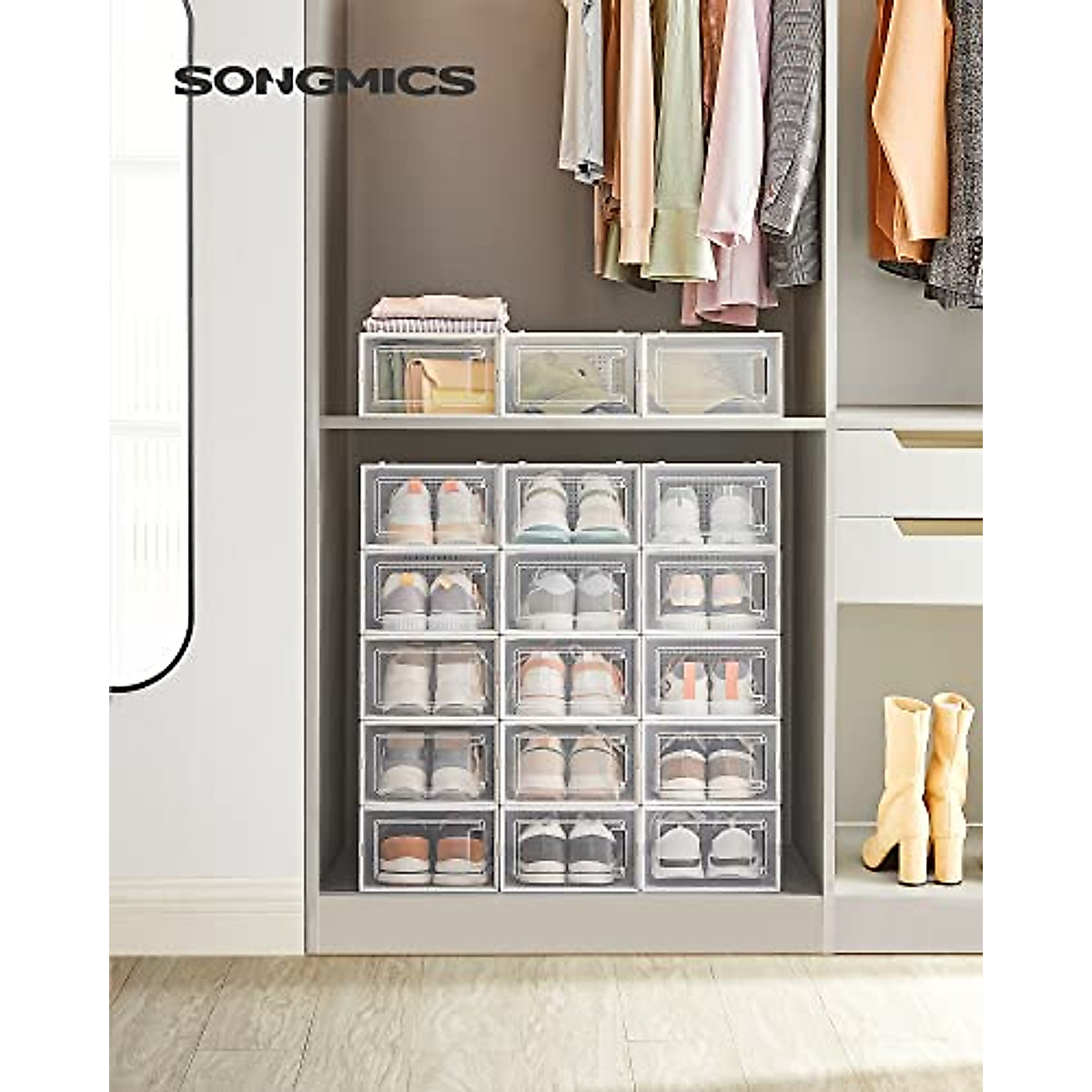 SONGMICS Shoe Boxes, Set of 18 Shoe Storage Organizers, Stackable and Foldable for Sneakers, Fit up to US Size 11, Transparent and White ULSP18SWT
