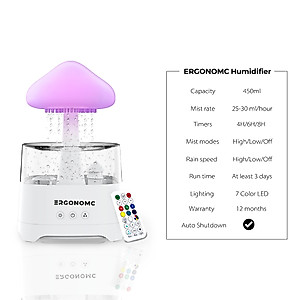Rain Cloud Humidifier Water Drip, 2X Cool Mist Rate Ultrasonic Aromatherapy Diffuser by Ergonomc: Remote Controlled, 7 Color Night Light, 450ml, Auto Shut Off, Mushroom Humidifier, 1Yr Warranty