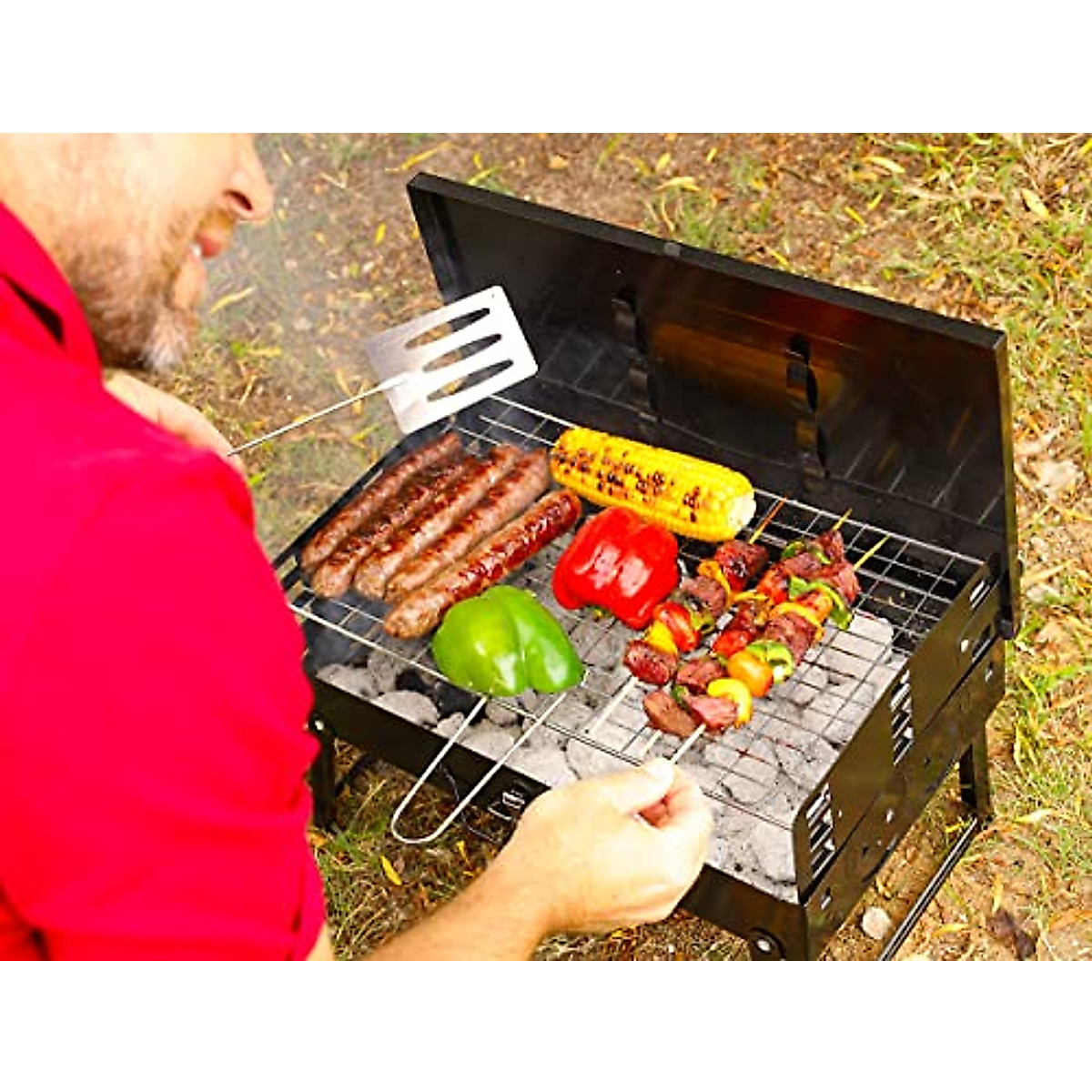 Devonics Compact Charcoal Grill Set - Foldable Barbecue for Beach, Camping | Stainless Steel Notebook Charcoal Grill with Handle, Utensils, Baking Net & Foldable Strut | Small Travel BBQ Grill