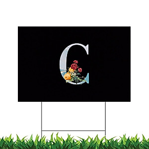 Floral Monogram Letter C Blue Ink Lettering Lawn Yard Signs Alphabet Letter Corrugated Sign for Garage Sales Rent Open House Construction 12"x18"