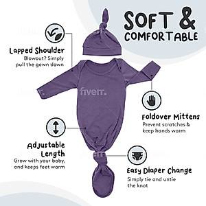 Soft Newborn Baby Gown with Hat | Sleep Nightgown with Long Sleeve and Mitten Cuffs for Girl and Boy (Navy)