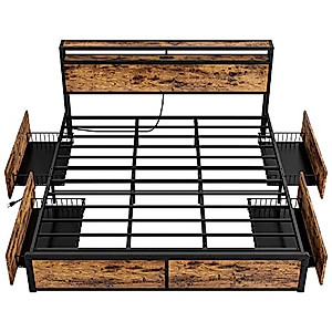 LIKIMIO King Bed Frame with Storage Drawer, 2-Tier Storage Headboard with Charging Station, No Box Spring Needed, Easy Assembly, Vintage Brown