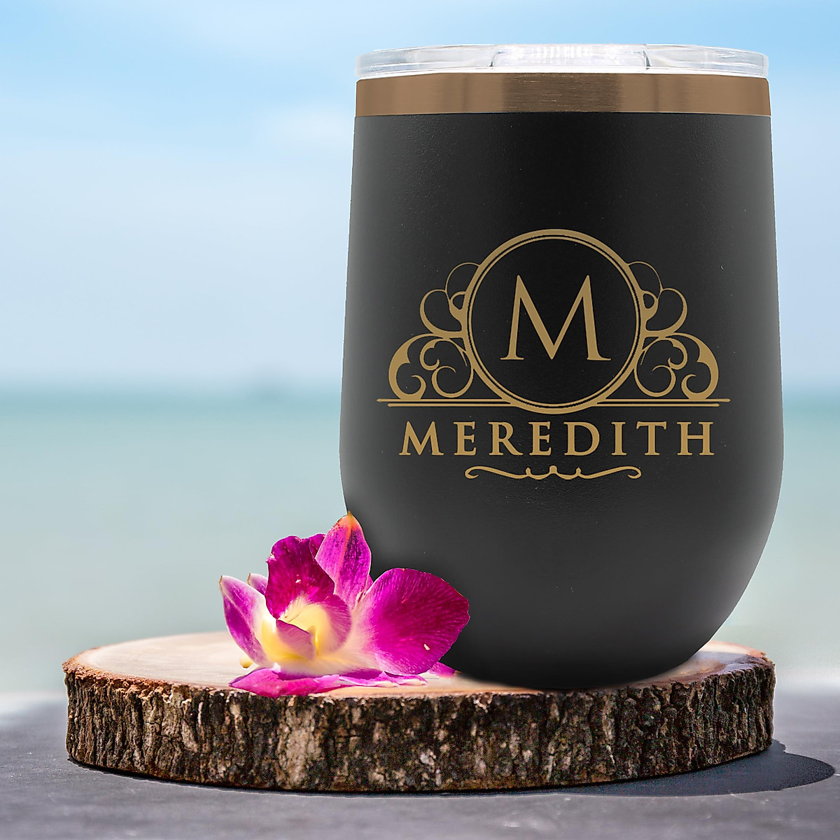 Personalized 12 oz Insulated Stemless Wine Tumbler - Custom Engraved and Monogrammed (Black with Gold)