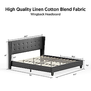 BONSOIR King Size Grey Color Bed Frame Upholstered Traditional Low Profile Platform with Wing Back Headboard Linen Fabric Upholstery/Sand (Dark Grey, King Size)