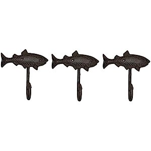 Nautical Decorative Cast Iron Fish Key Towel Coat Hook Hanger Wall Decor Hangers for Aprons, Hats, Towels (Set of 3 Rustic)