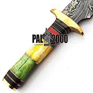 PAL 2000 KNIVES HUN-9314 Custom Handmade Damascus Steel Knife Colored Camel Bone Handle