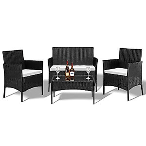 Outvita 4 Pieces Patio Furniture Set, Rattan Conversation Sets with Loveseat Soft Cushion and Glass Table for Garden Backyard Balcony Porch Poolside(Black)