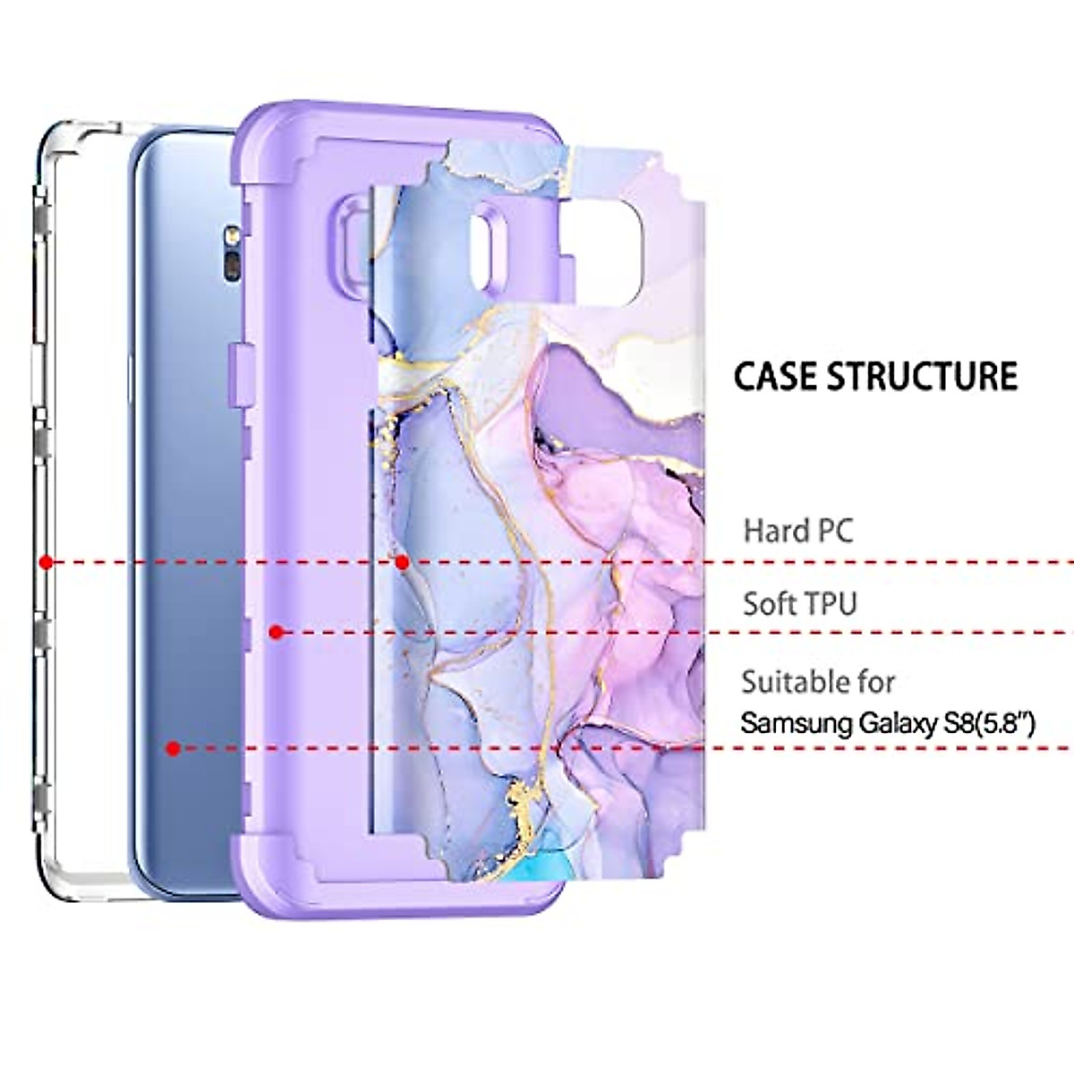 Miqala for Galaxy S8 Case,Marble Design Three Layer Heavy Duty Shockproof Hard Plastic Bumper +Soft Silicone Rubber Protective Case for Samsung Galaxy S8,Purple