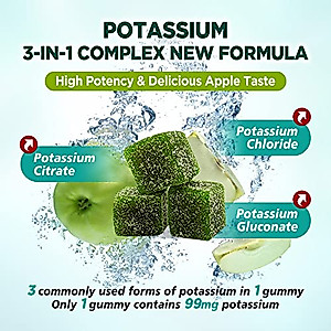 Potassium 3 in 1 Complex Gummies Sugar Free, New Formula with 99mg Potassium Citrate, Potassium Chloride, Potassium Gluconate, Leg Cramps & Muscle Supplements, 120 Chewables