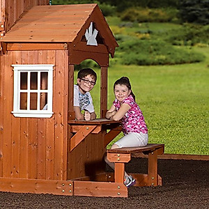 Backyard Discovery Shenandoah All Cedar Wooden Playset Swing Set with 2 Belt Swings, 2 Person Glider, 10 ft Wave Slide, Covered Upper and Lower Playhouse, Play Kitchen, Rock Wall, Outdoor Bench