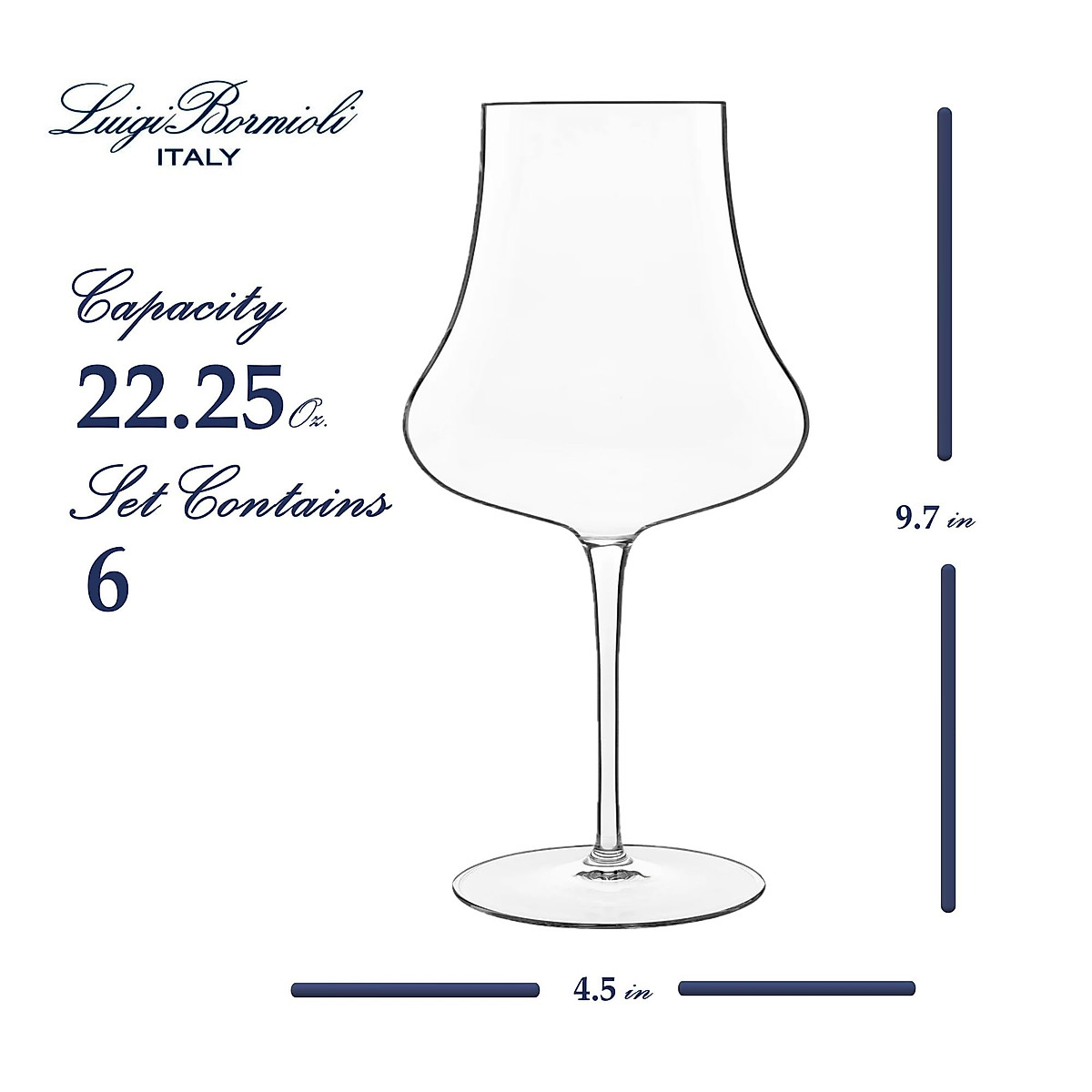 Luigi Bormioli Tentazioni Set Of 6 Bordeaux 22.75 Oz. Wine Glasses, Crystal SON-hyx Glass, With Titanium Reinforced Stems, A Decanter on a Stem, Dishwasher Safe, Made In Italy.