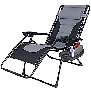 F2C Padded Zero Gravity Chair, Adjustable Foldable Patio Reclining Lounge Chair with Headrest Pillow Side Cup Holder Tray for Outdoor, Deck, Patio, Beach Yard Poolside, Black Gray…