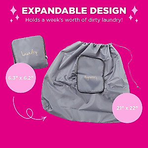 Miamica Foldable Travel Laundry Bag, Grey & Gold – Measures 21” x 22” When Fully Opened – Foldable Laundry Bag with Drawstring Closure – Durable, Lightweight Travel Accessories