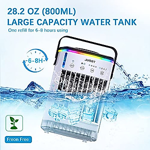 JUDRT Portable Air Conditioners, Mini Evaporative Air Cooler, 4 in 1 Upgraded Personal Desk Fan with 7 Colors Light, Powerful 4 Speeds & Cool Air Sprays Humidify AC for Room Office Table Home School