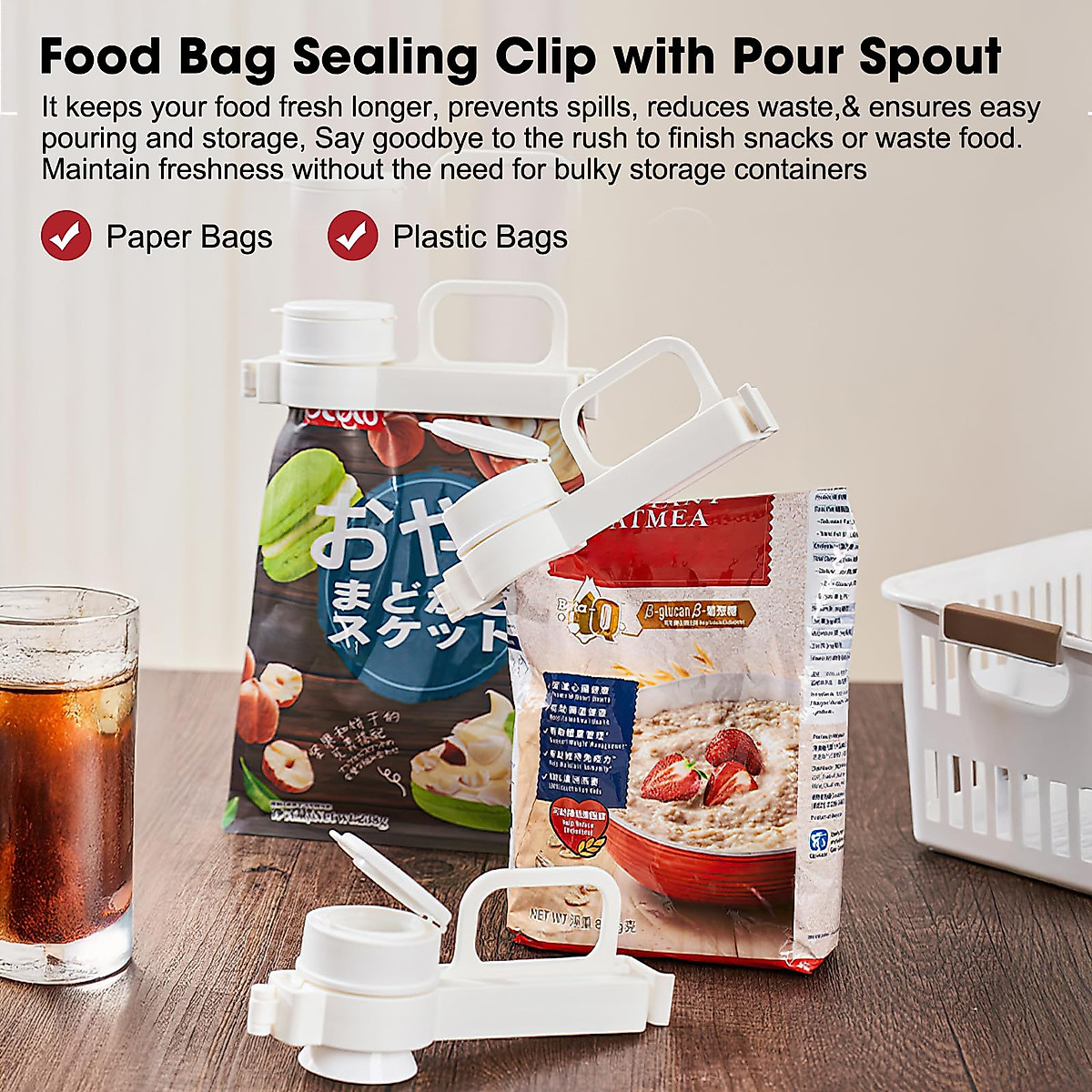 2PCS Food Bag Sealing Clip with Pour Spout, Bag Clips for Food Storage, Reusable Plastic Cap Sealer Clips, Suitable for Food, Liquid,Flour and Baby Food Storage Organizer