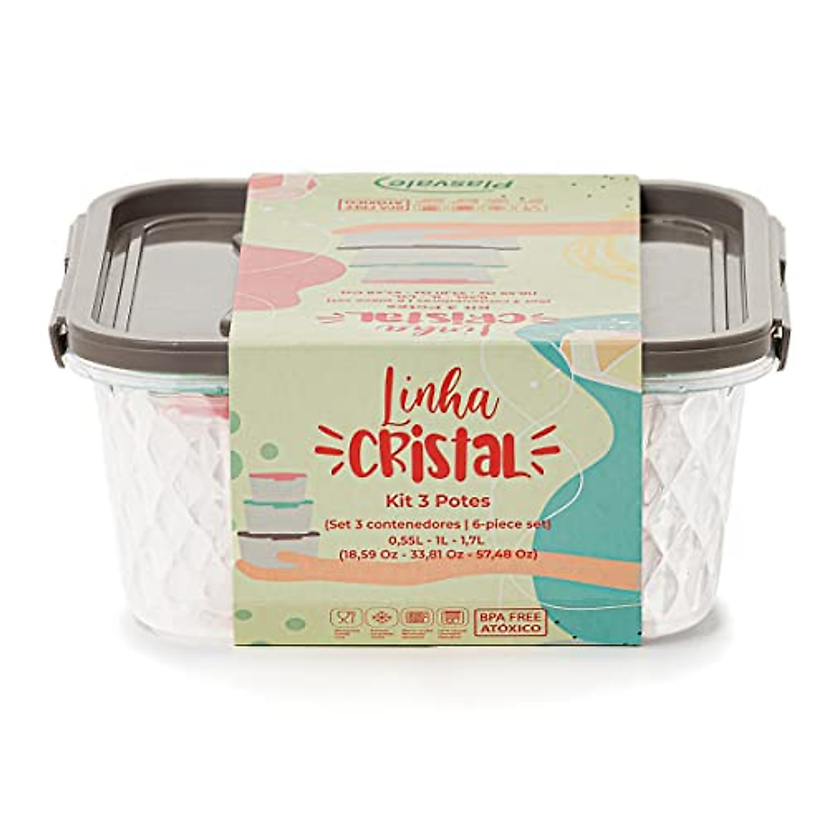 Plasvale Food Storage Plastic Containers Set of Crystal Line - 6 Pieces - Microwave, Freezer and Dishwasher Safe - BPA Free (Brown)