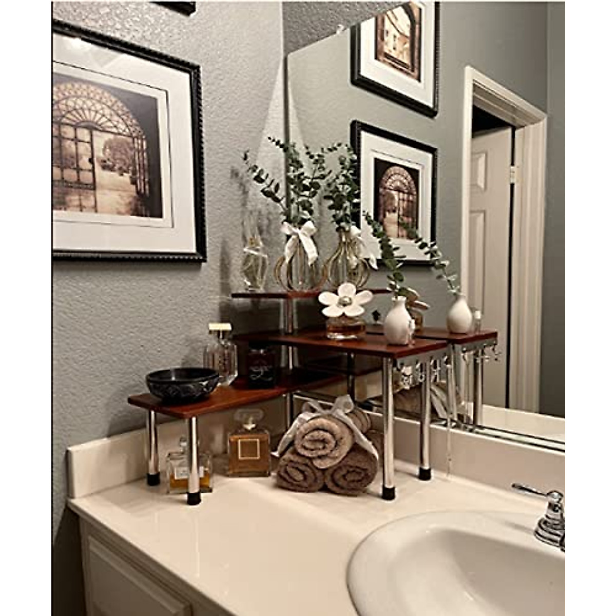 Venloup Upgraded 3 Tier Corner Shelf, Adjustable Bamboo Storage Spice Rack with Hooks, Freestanding Space Saving Counter Display Shelf for Kitchen, Office and Bedroom Adjustable (Black)