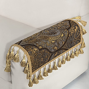 Loom and Mill Luxury Jacquard Sofa Arm Covers 2 PCS, Classic Antique Couch Armrest Cover with Tassels, Non-Slip Furniture Protector for Chair Sofa Recliners Couch Dogs Pets, Bronze Gold, 20x24in