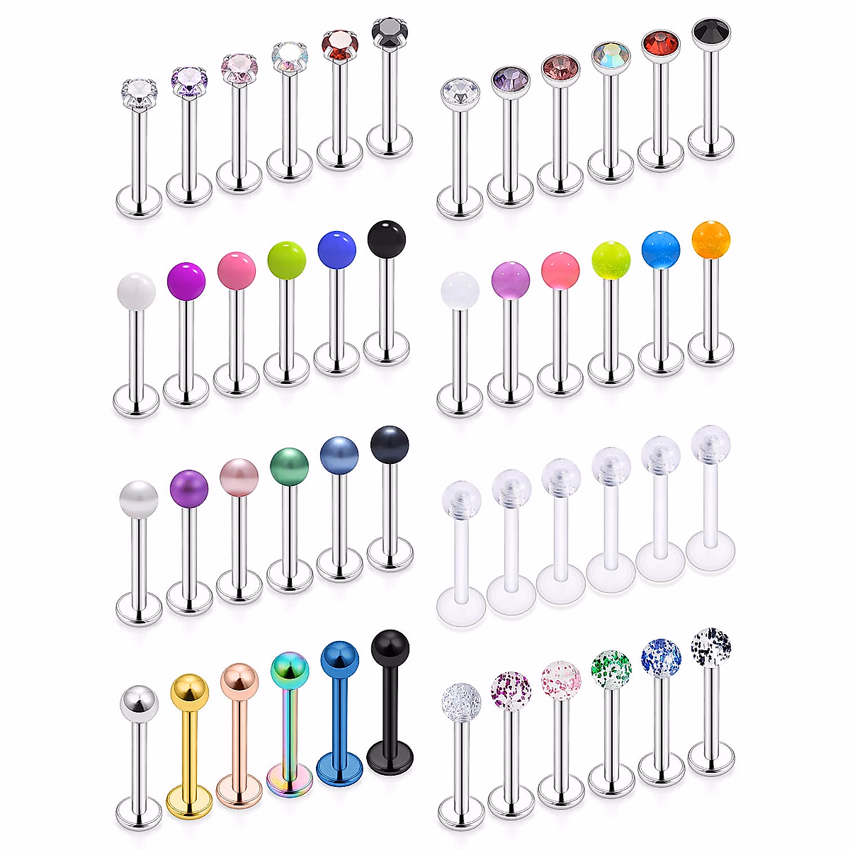 Ftovosyo 48Pcs Lip Rings 16G Surgical Steel Labret Studs Monroe Ring Piercing Jewelry for Women Men Conch Cartilage Tragus Helix Earring Barbells Retainer 8mm Silver-Tone Rose Gold Black