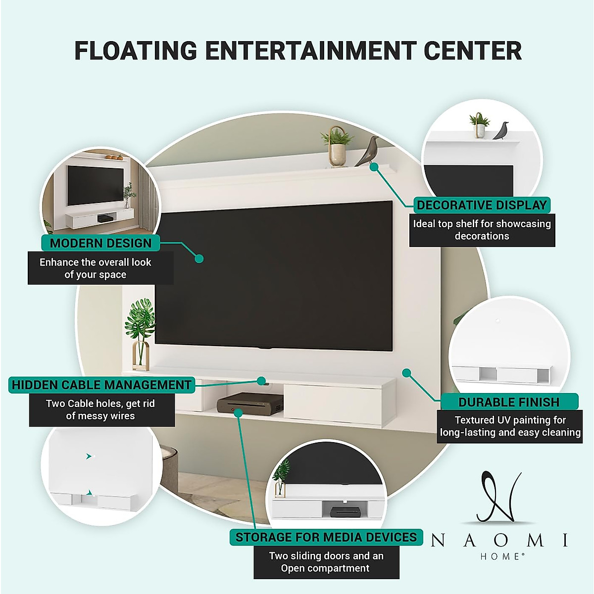 Naomi Home Zola Multi Storage Wall Media Center for up to 70 inch TVs, Entertainment Center with Storage, Floating TV Stand with 2 Sliding Doors and 2 Floating Wall Shelves, UV Painting Finish White