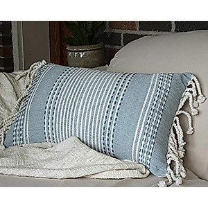 Foreside Home & Garden Blue Woven 14 x 22 inch Decorative Cotton Throw Pillow Cover with Insert and Hand Tied Tassels
