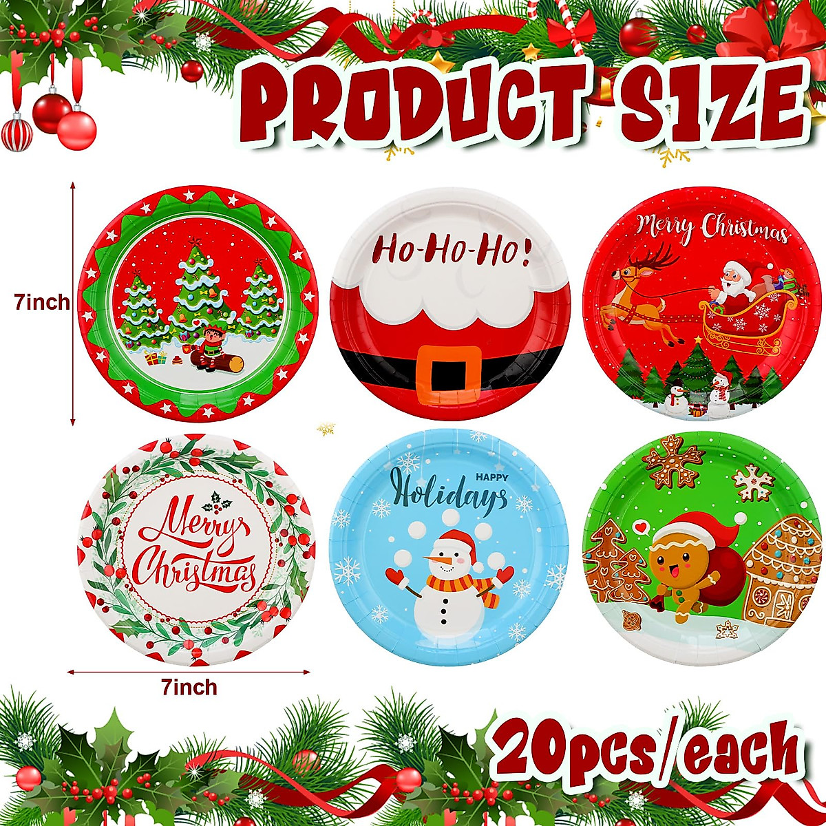 Sliner 120 Pcs Christmas Plates Paper Dessert Disposable Plates Santa Snowman Christmas Wreath Reindeer Gingerbread Man Design, for Christmas Party Supplies Christmas Decorations, 6 Styles(7 Inch)
