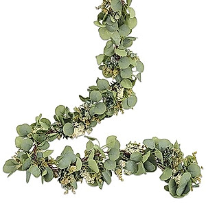 CEWOR 6.5ft Artificial Eucalyptus Garland Detachable Faux Greenery Vines Silver Dollar Eucalyptus Leaves with White Buds for Farmhouse Mantle Wedding Arch Table Centerpiece Backdrop