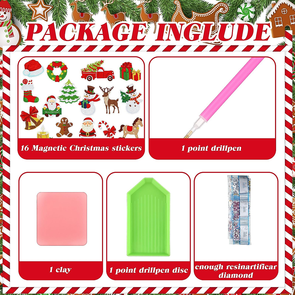 16 Pcs Christmas Diamond Painting Magnets for Refrigerator Snowman Santa Claus Deer Diamond Art Magnets Decals DIY Xmas Diamond Painting Kits Diamond Art for Adults Kids Crafts Home Decor Gift