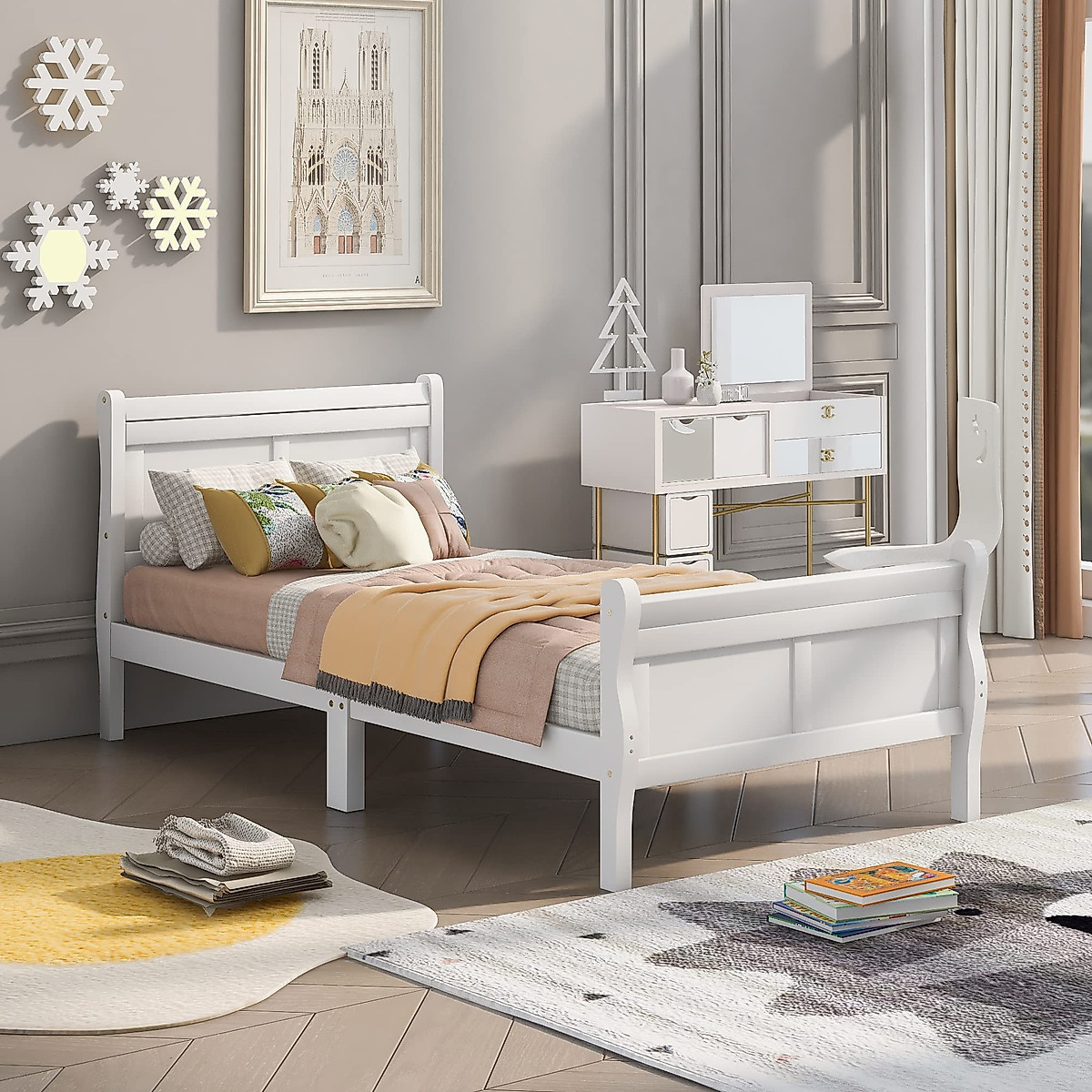 CJLMN Wood Bed Frame Twin Size Platform Bed with Headboard Footboard Wooden Slat Support Mattress Foundation Bedroom Furniture (White)