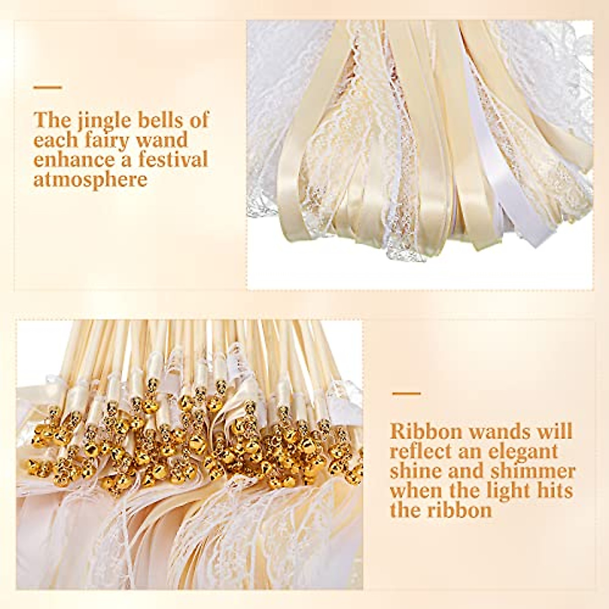 100 Pieces Party Streamers with Bells Lace Ribbon Stick Wands with Bells Silk Fairy Stick Wand Streamers for Wedding Party Baby Shower Send Off Party Activities Holiday Celebration Favors (Champagne)