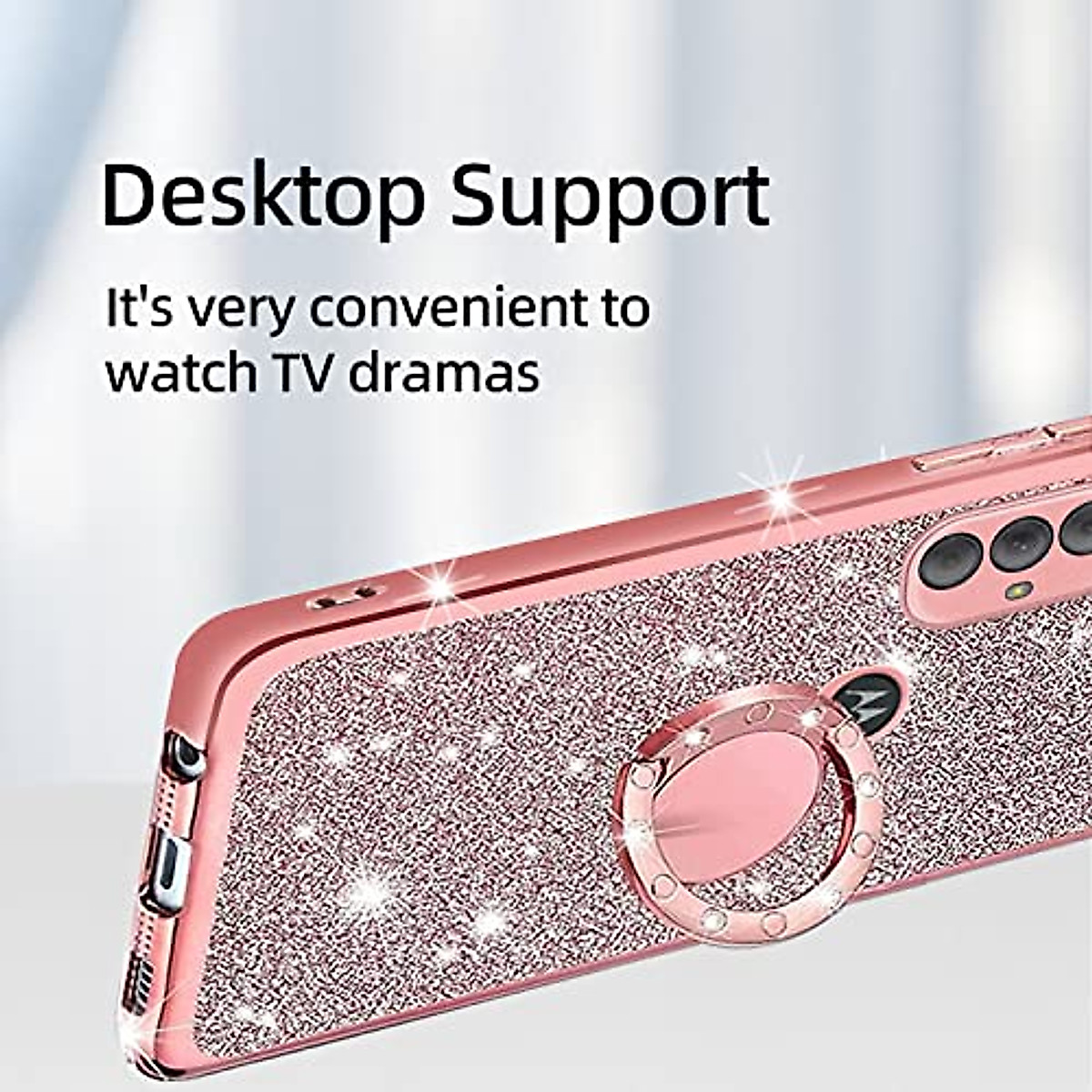 KuDiNi for Moto g Pure Phone Case, Moto g Power 2022 Case Moto G Play 2023 Case for Women Glitter Clear TPU Luxury Bling Protective Cover with Kickstand Strap for Moto g Pure(Glitter Rose)