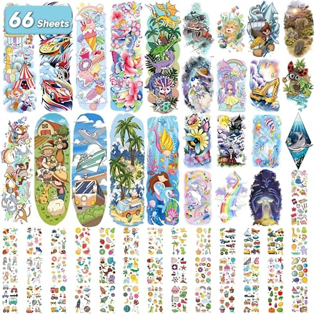 EMOME Full Half Tattoo Sleeves for Kids,66 Sheets Kids Tattoos Temporary for Girls Boys,Space Donut Mermaid Themed Fake Tattoos Stickers for Kids Party Favors Supplies